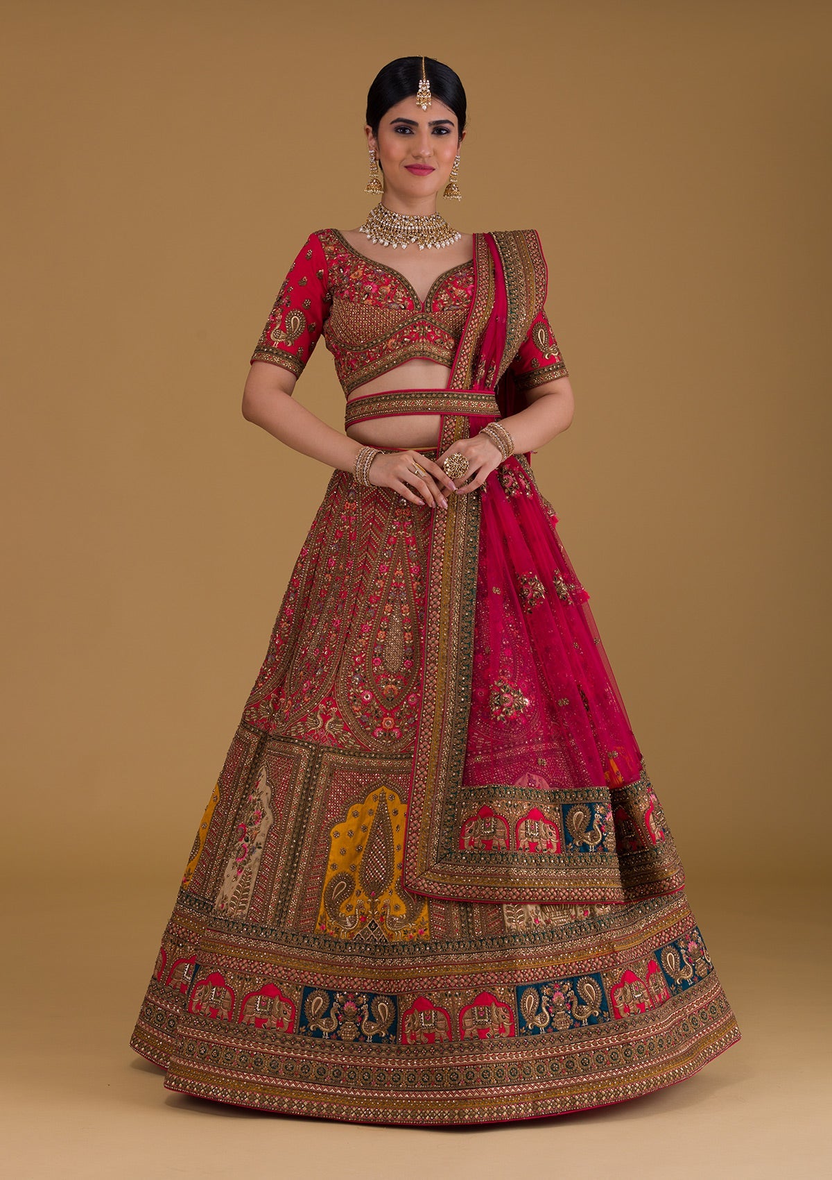 Buy Rani Pink Stonework Raw Silk Semi Stitched Lehenga - Koskii