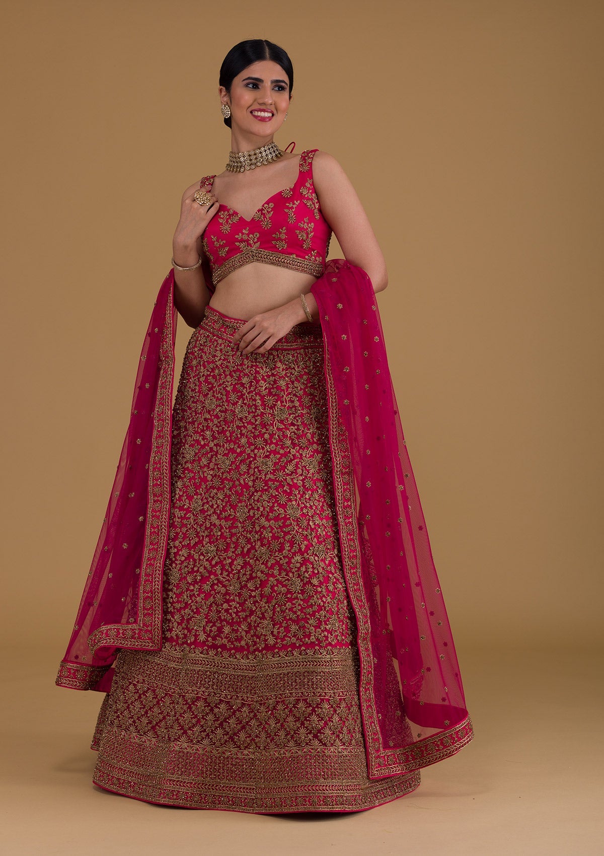 Buy Rani Pink Zariwork Net Semi Stitched Lehenga - Koskii