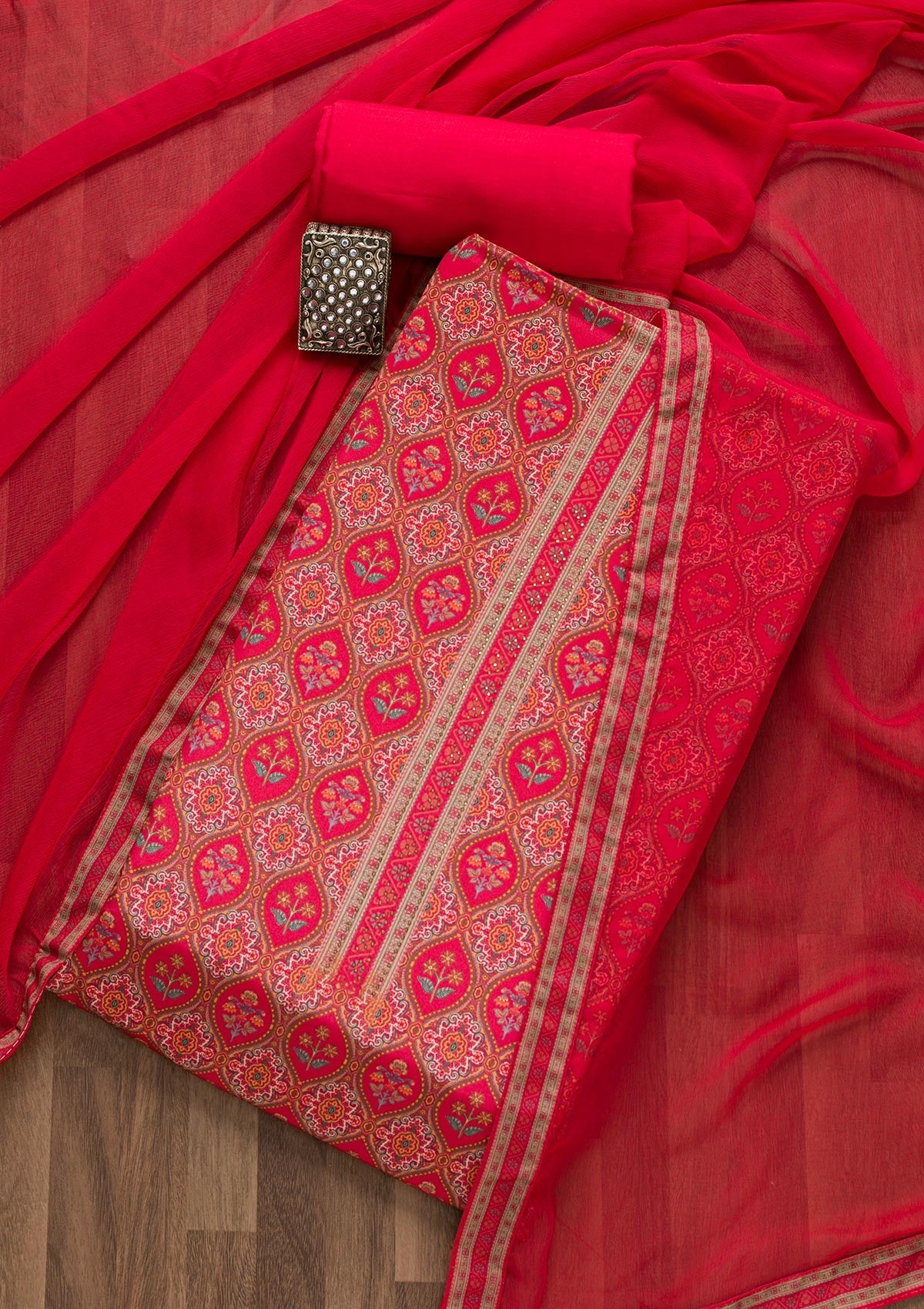 Buy Red Soft Silk Printed Unstitched Salwar Suit - Koskii