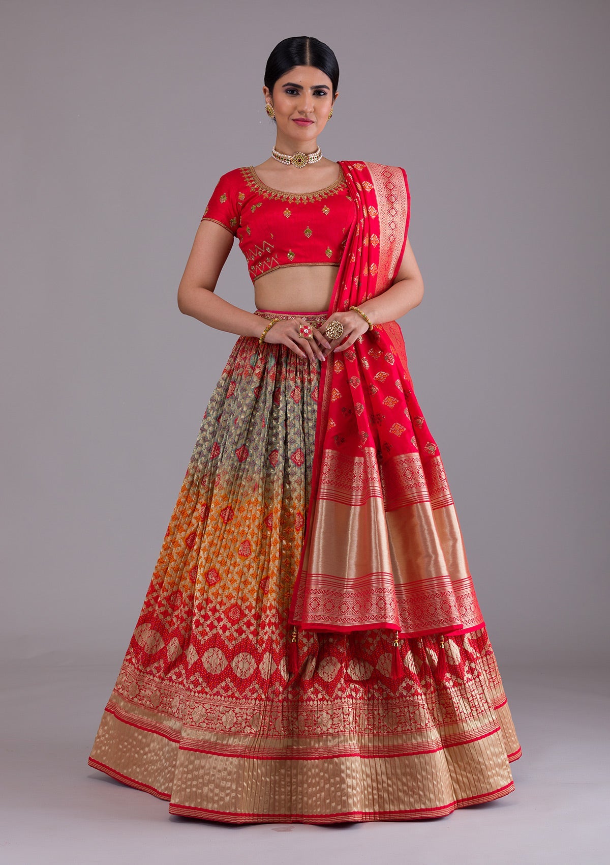 Buy Red Zariwork Banarasi Semi Stitched Lehenga - Koskii