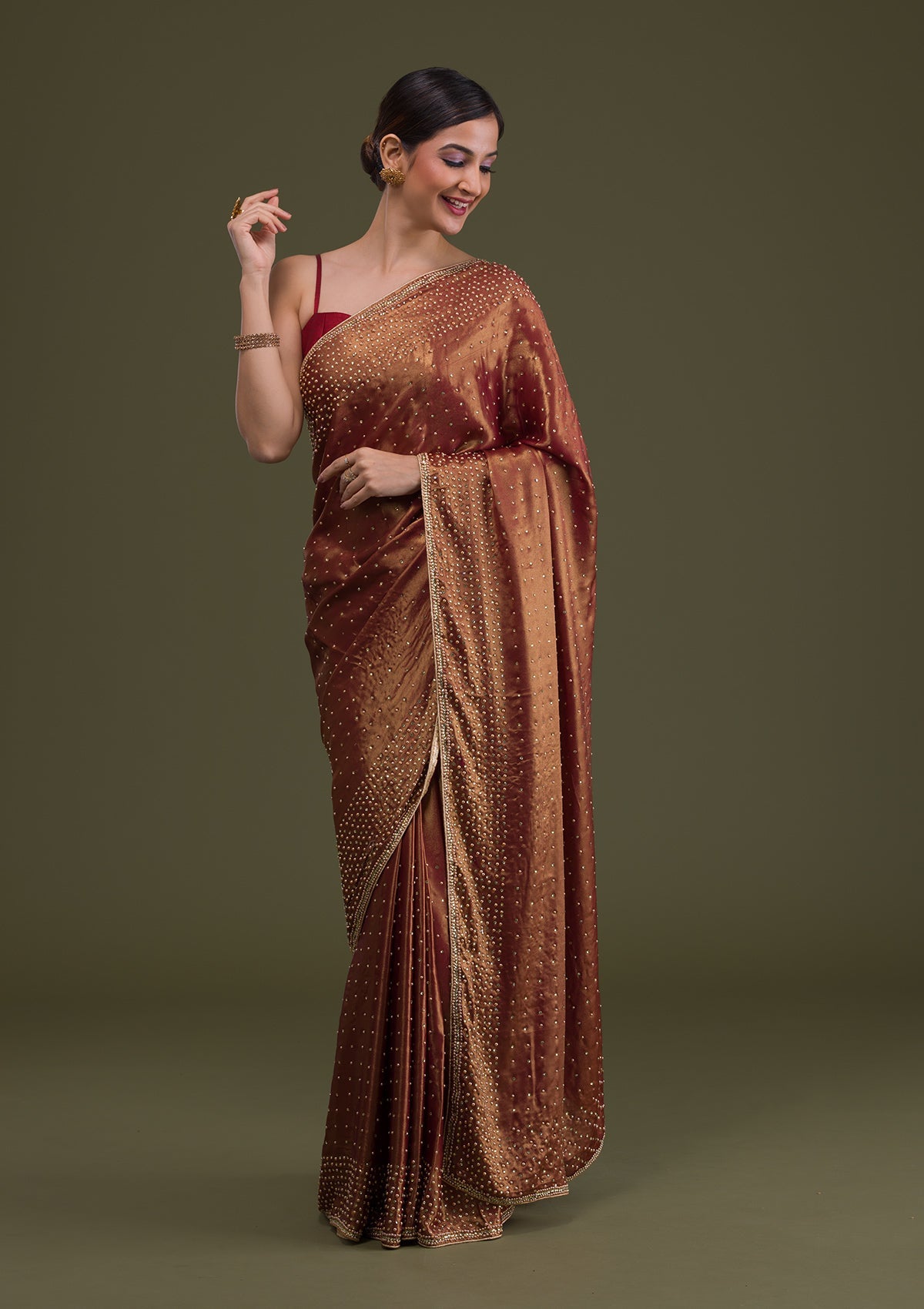 Buy Rust Stonework Satin Saree - Koskii