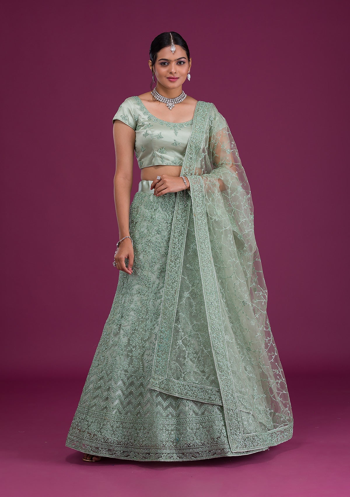 Buy Sea Green Zariwork Net Semi Stitched Lehenga - Koskii