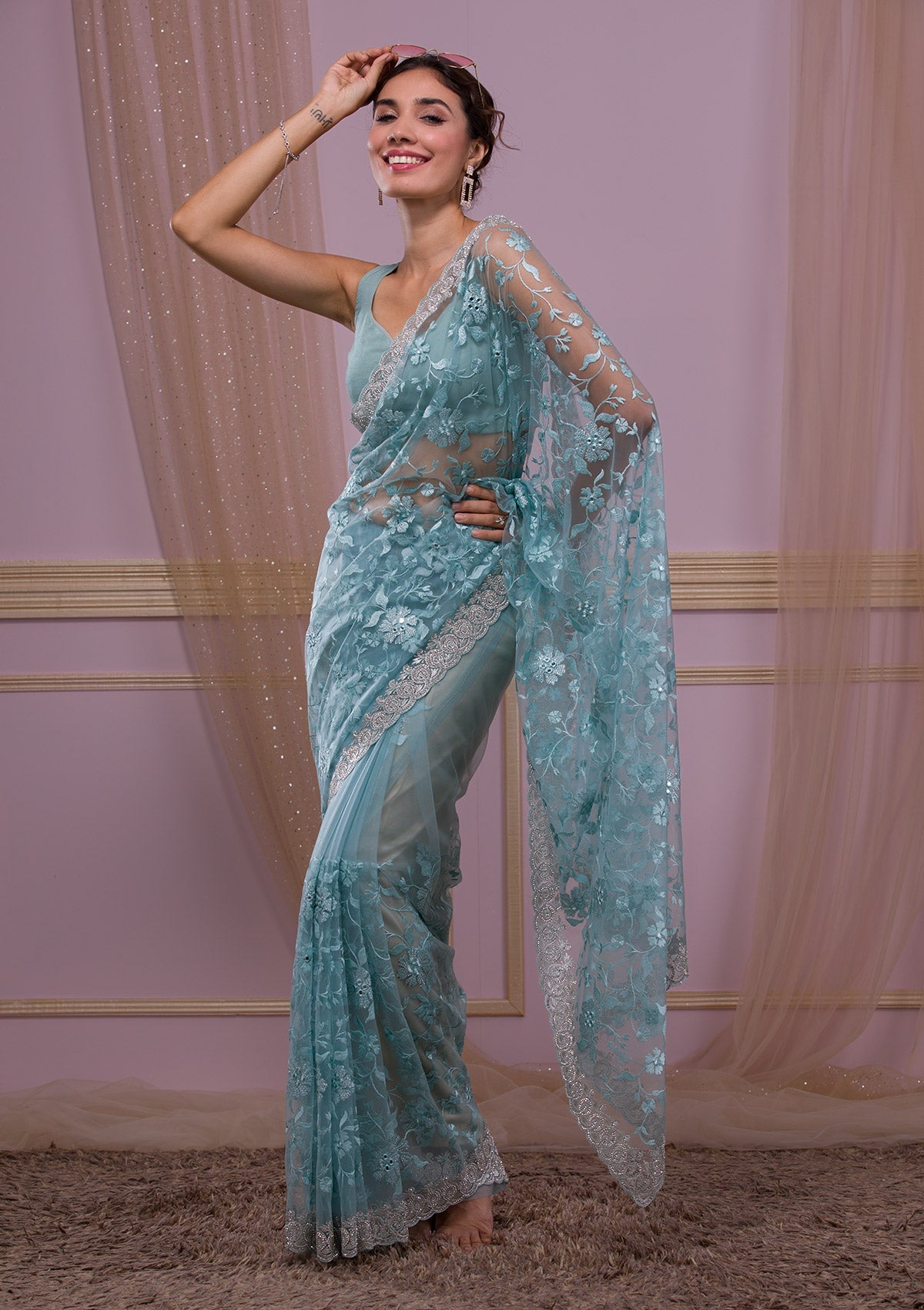 Buy Sky Blue Stonework Net Saree - Koskii