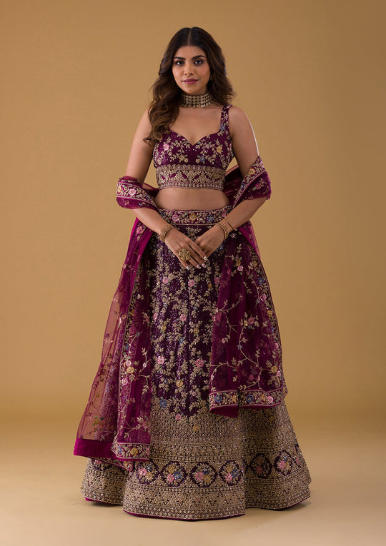 Buy Wine Stonework Georgette Semi Stitched Lehenga - Koskii