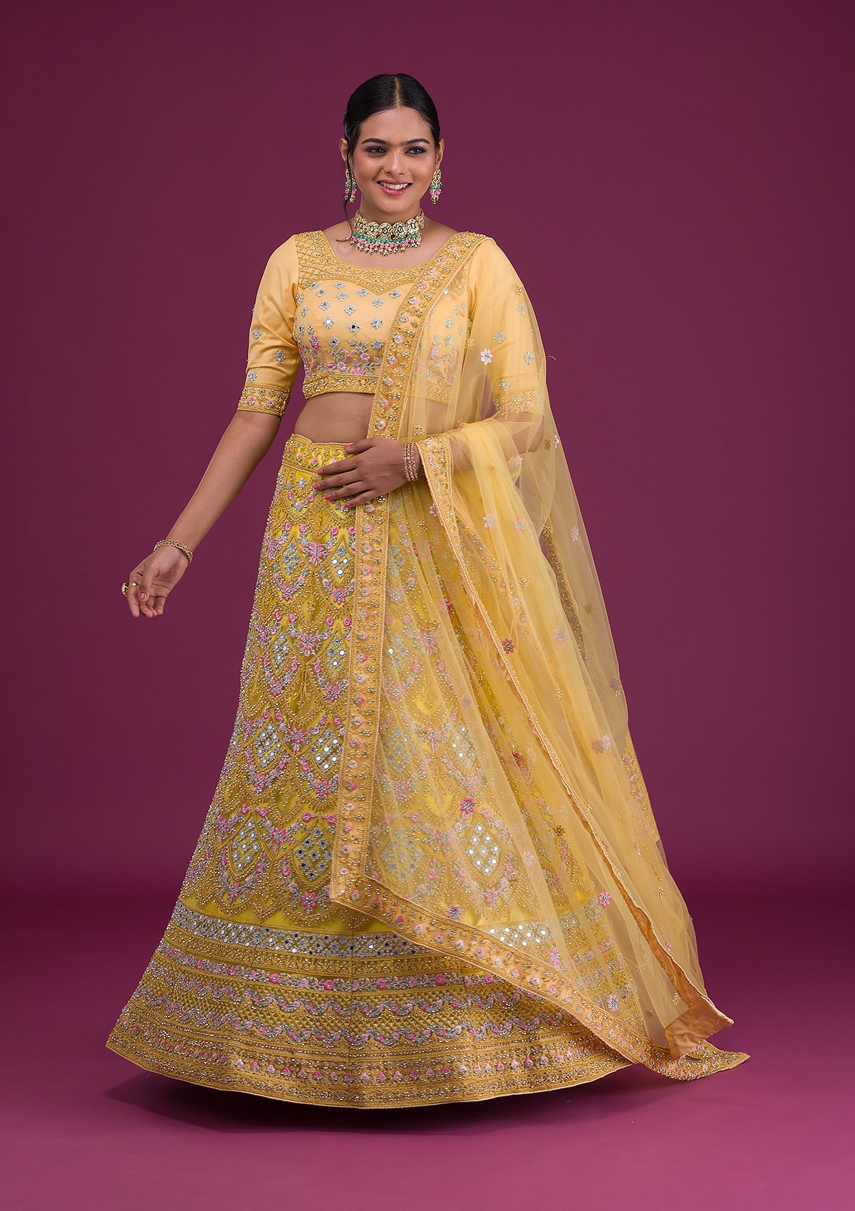 Buy Yellow Threadwork Net Semi Stitched Lehenga - Koskii