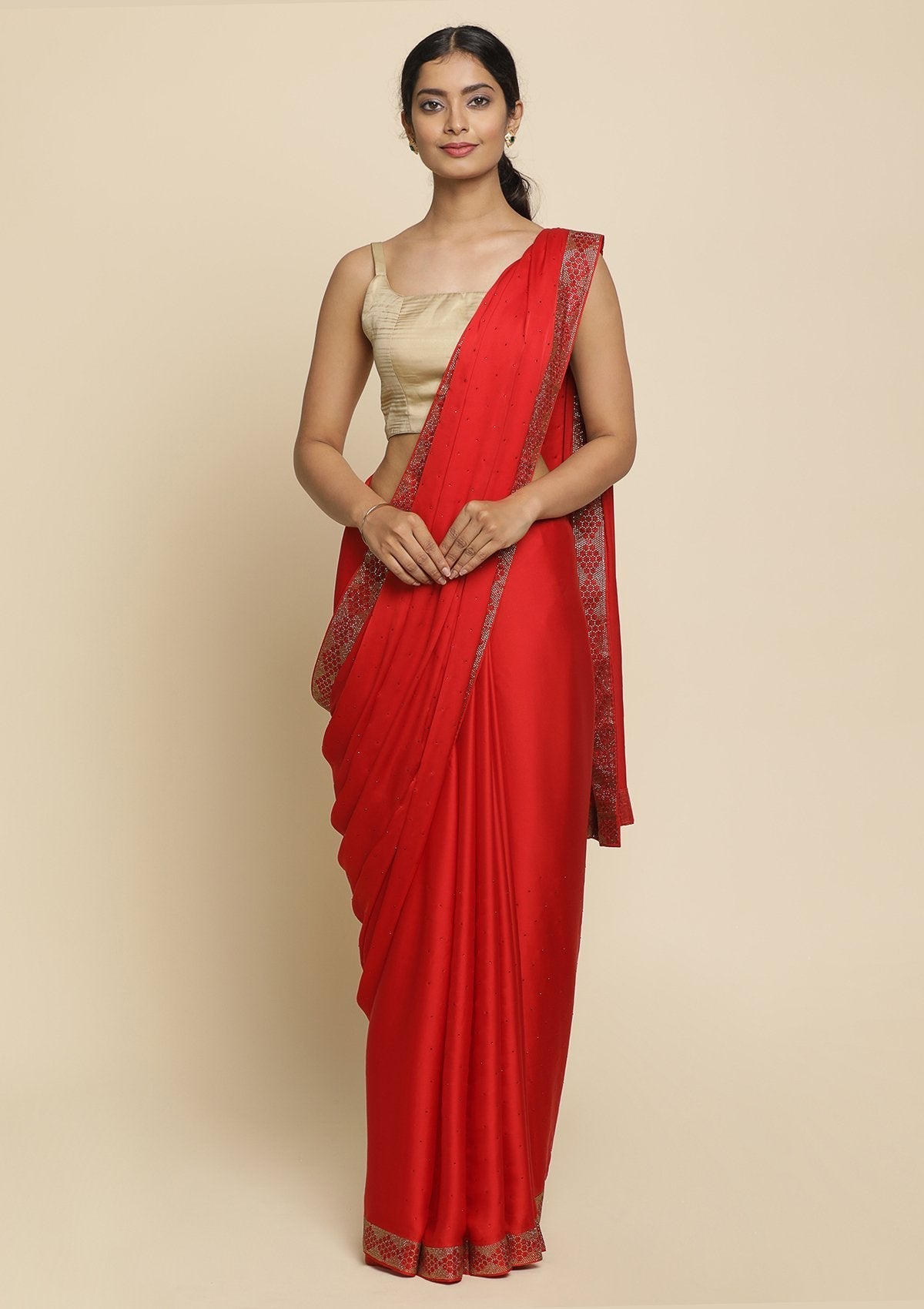 Buy Red Swarovski Satin Designer Saree - Koskii